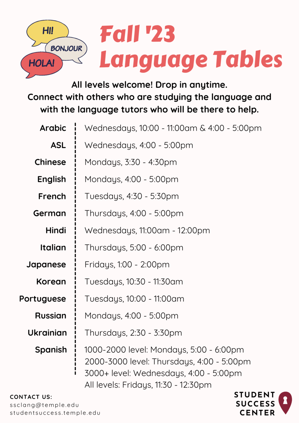 Language Tables | Temple University Student Success Center